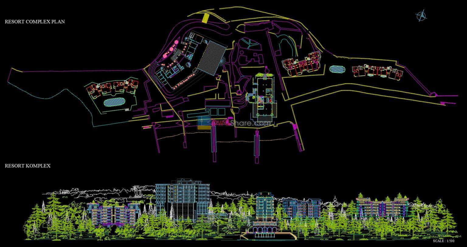 3.RESORT COMPLEX PLAN, ELEVATION AutoCAD blocks free download