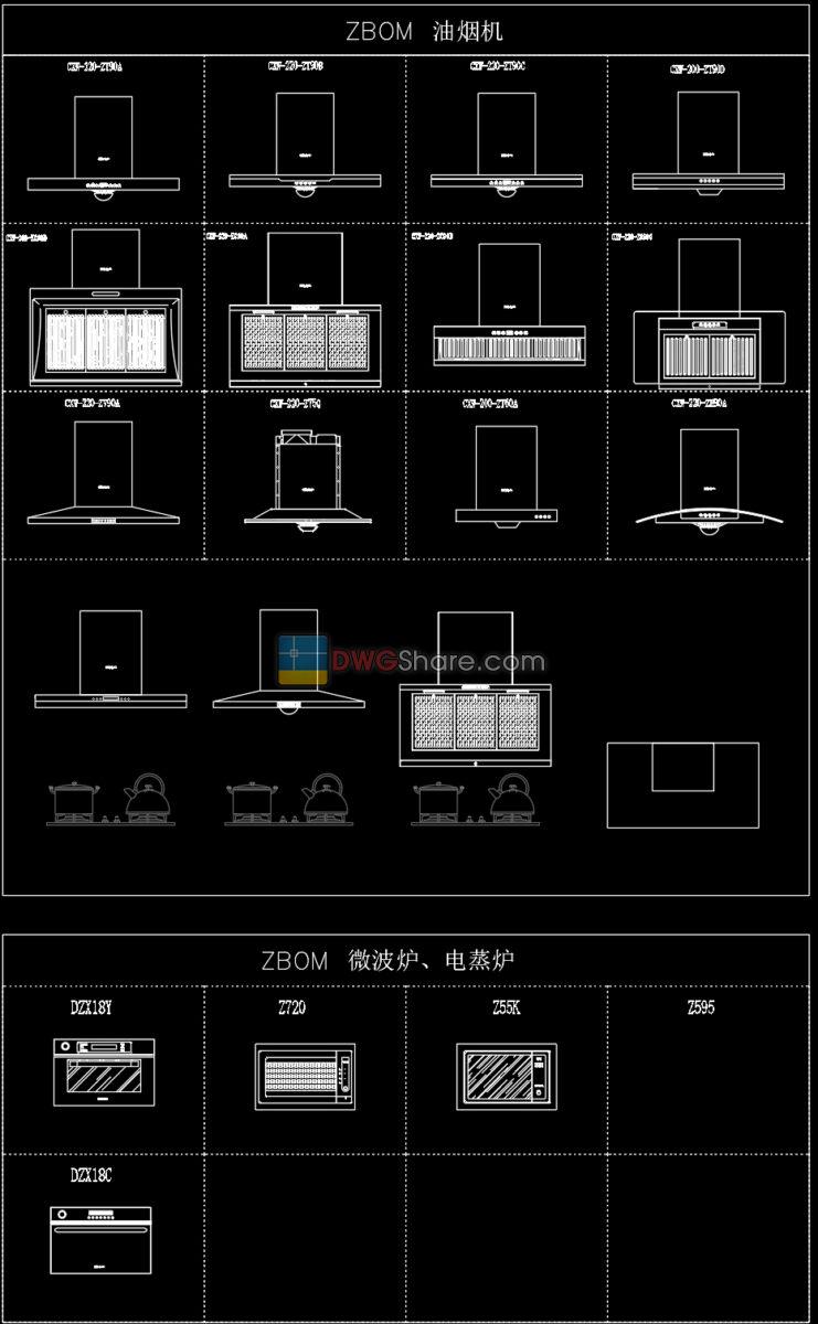 10.Gas cooker, Induction cooker, Kitchen hood AutoCAD blocks free download