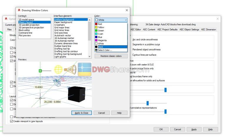 Change background color for Layout in AutoCAD