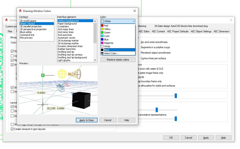 Change background color for Layout in AutoCAD