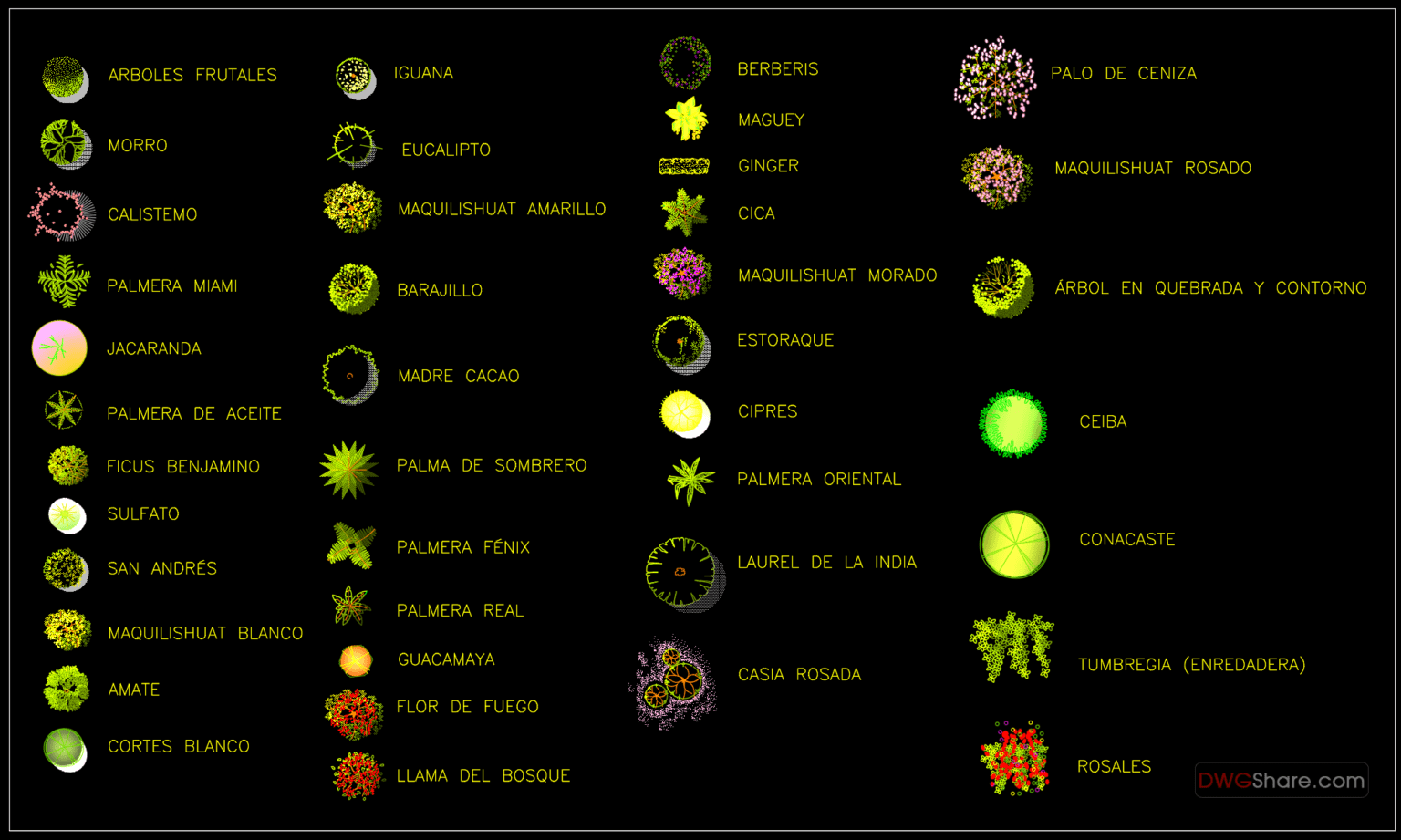 22.A set of trees and shrubs color top view AutoCAD blocks