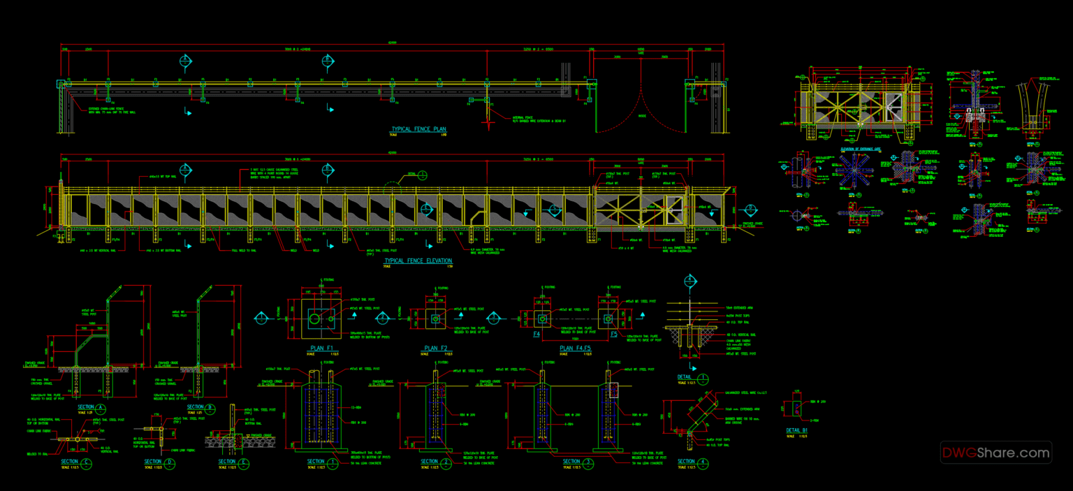 3.Fence And Entrance Gate Details Autocad Drawing Free Download