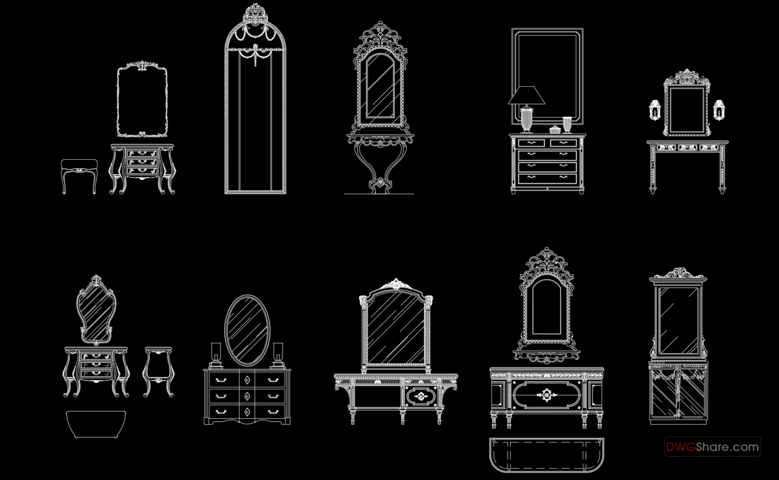 110.Dressers With Mirrors Cad Blocks Free Download