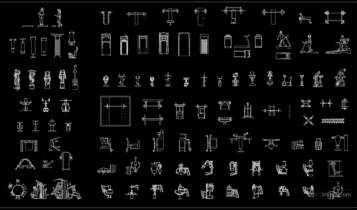AutoCAD drawings of sports equipment and gym room layouts