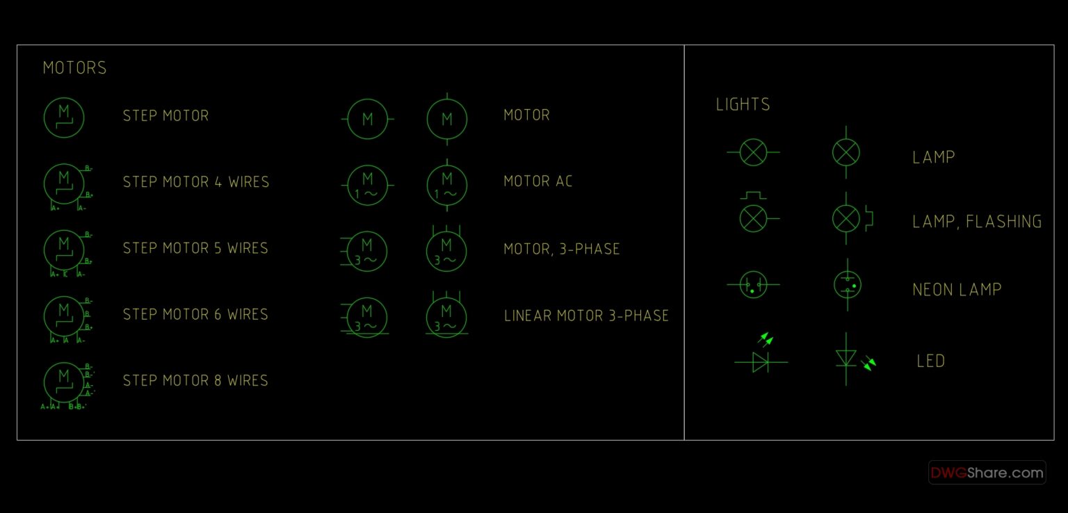 45.Motor symbol, light symbol AutoCAD Blocks