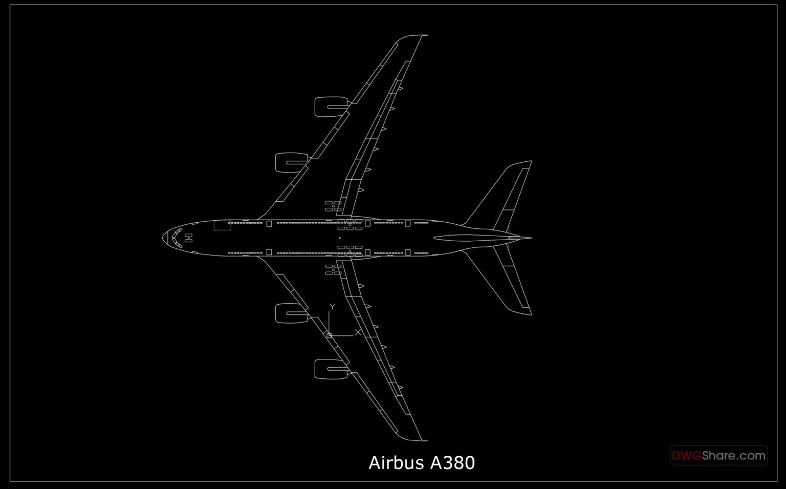 Aircrafts Airbus A380 Top View Autocad DWG File