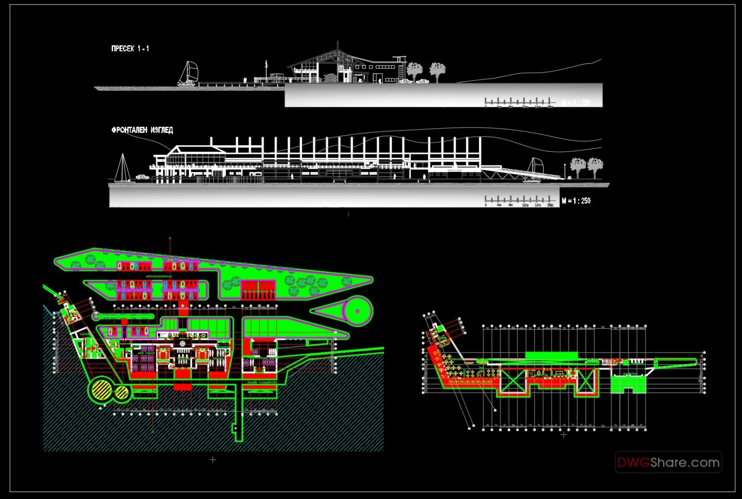 Boat Club Layout Plan and Elevation AutoCAD File Free Download