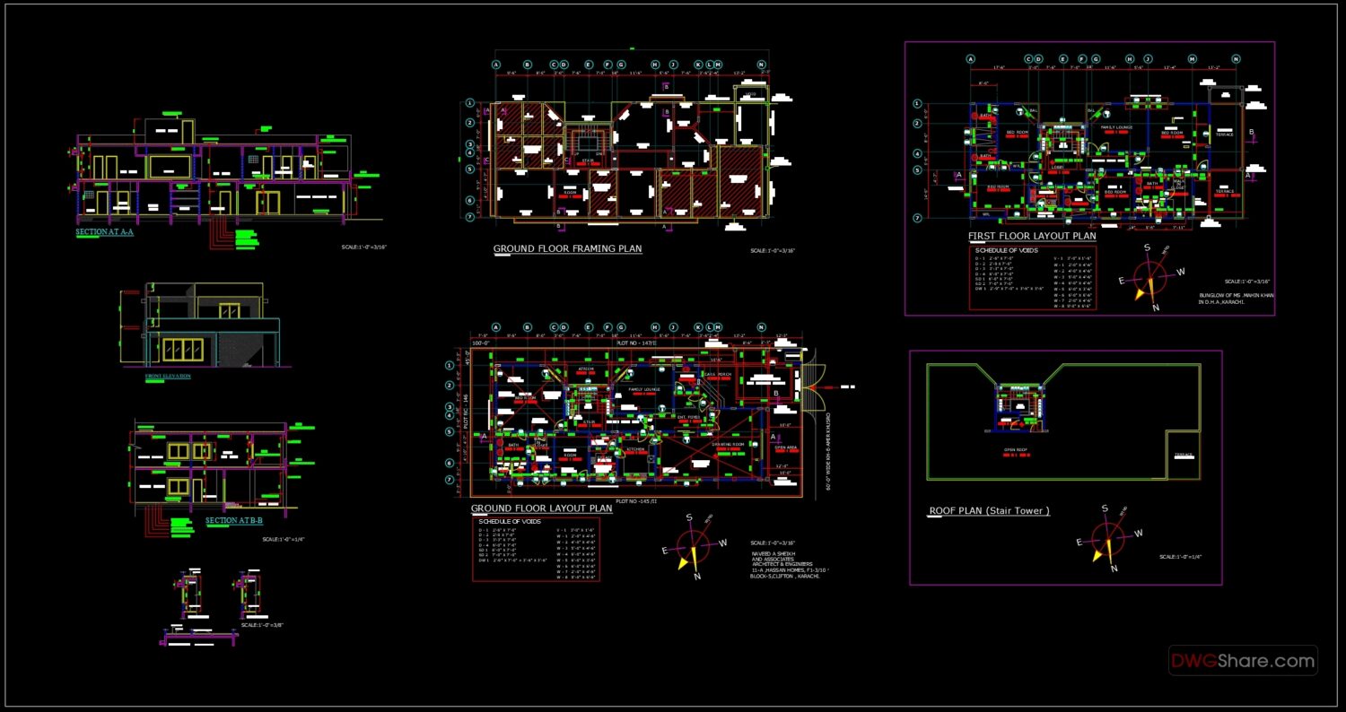 Bungalow Framing Layout Plan with all Details AutoCAD File Free Download