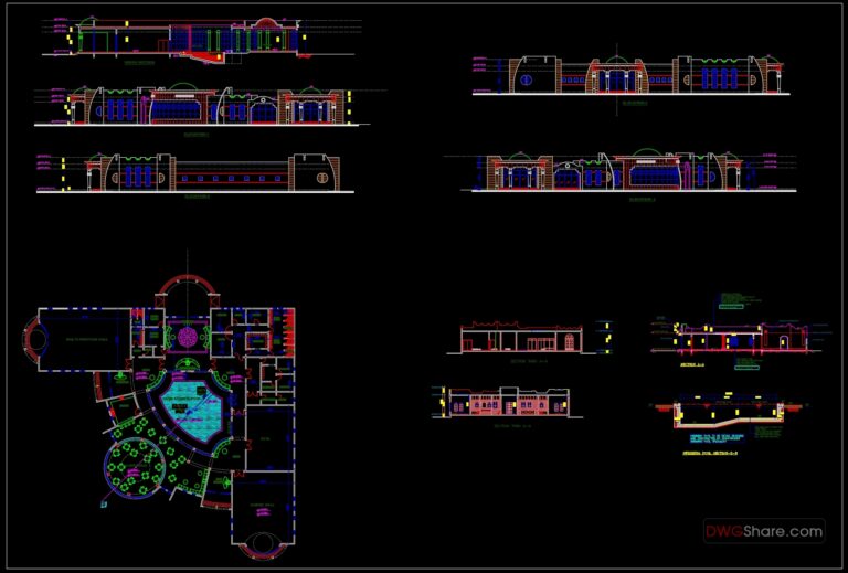 Club House Layout Plan Elevations and Section Details AutoCAD File Free ...