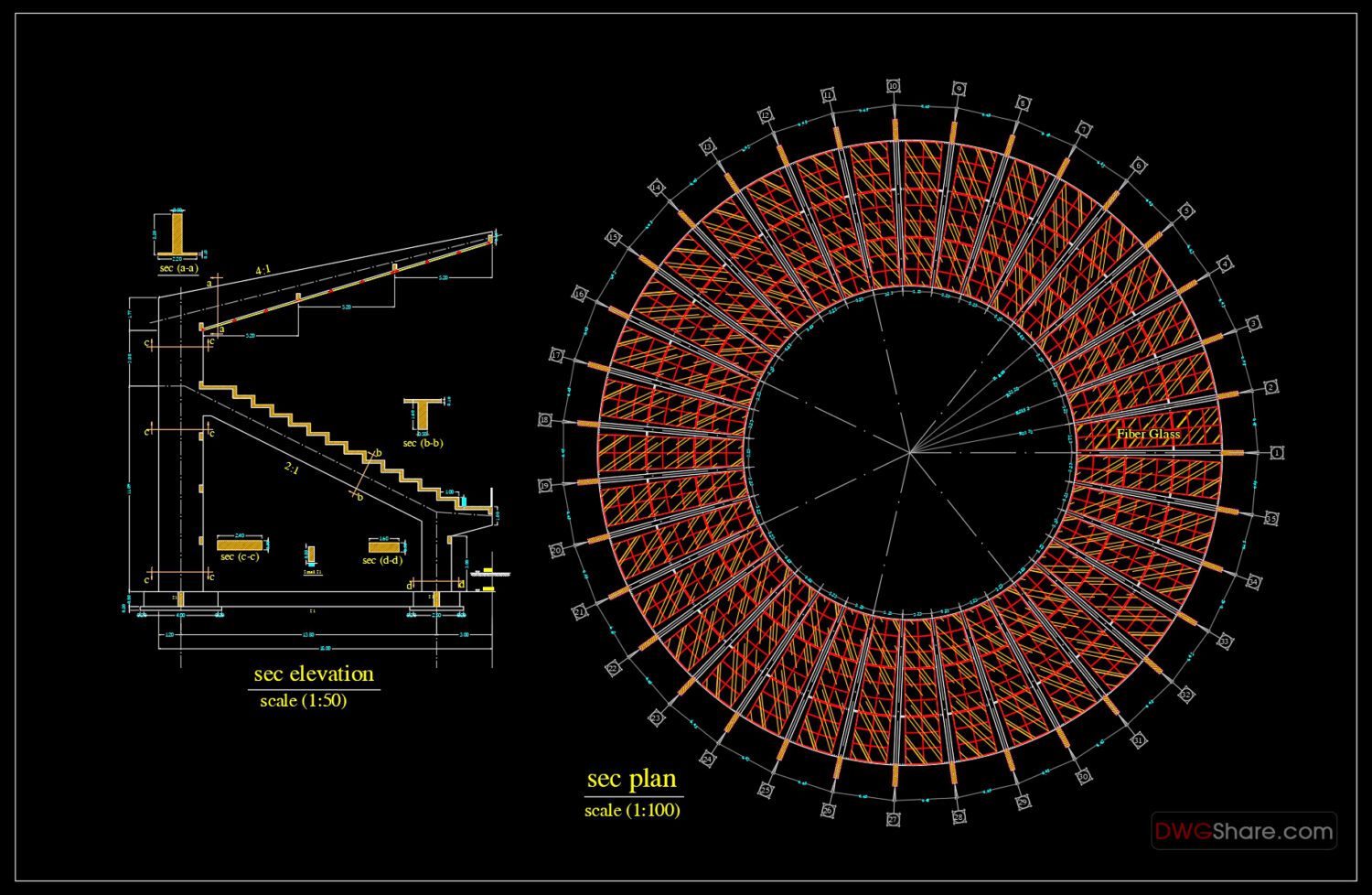 26.Circular Stadium Layout and Section CAD
