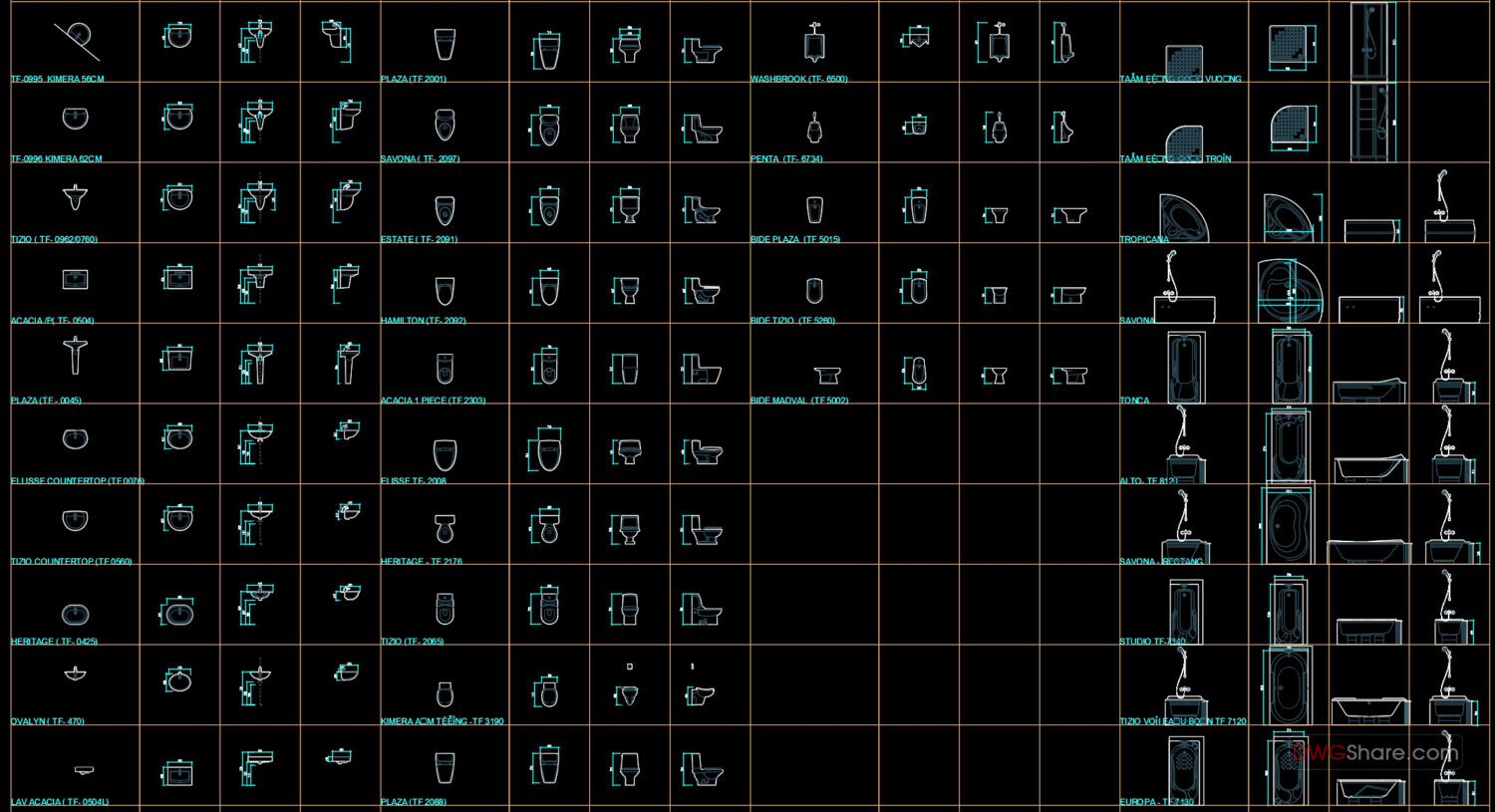 49.Bathtub, Wash basin, Toilet bowls free AutoCAD drawing download