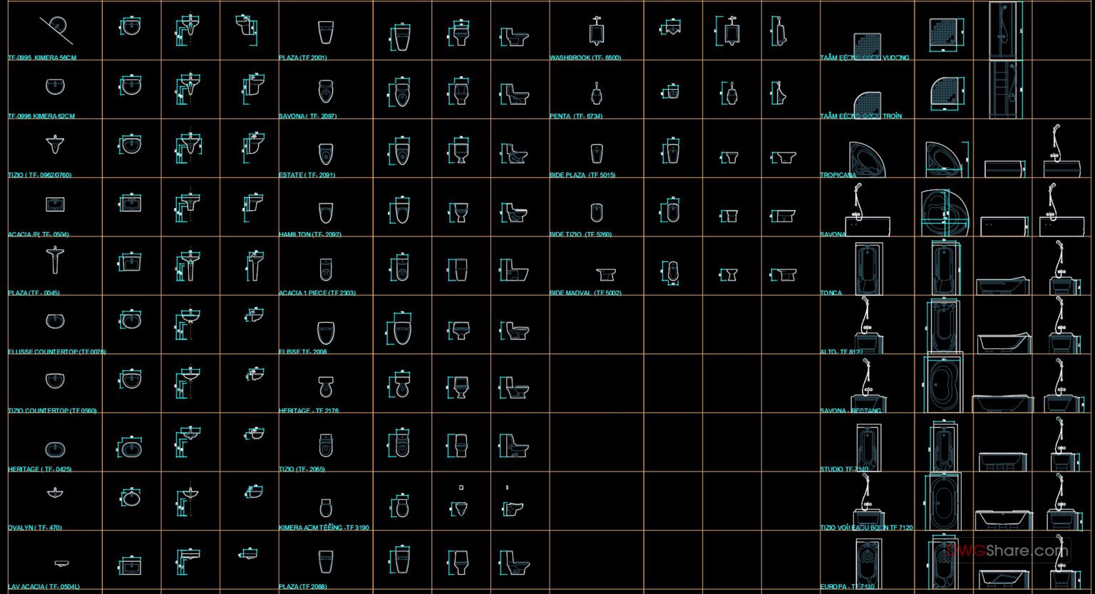 49.Bathtub, Wash basin, Toilet bowls free AutoCAD drawing download