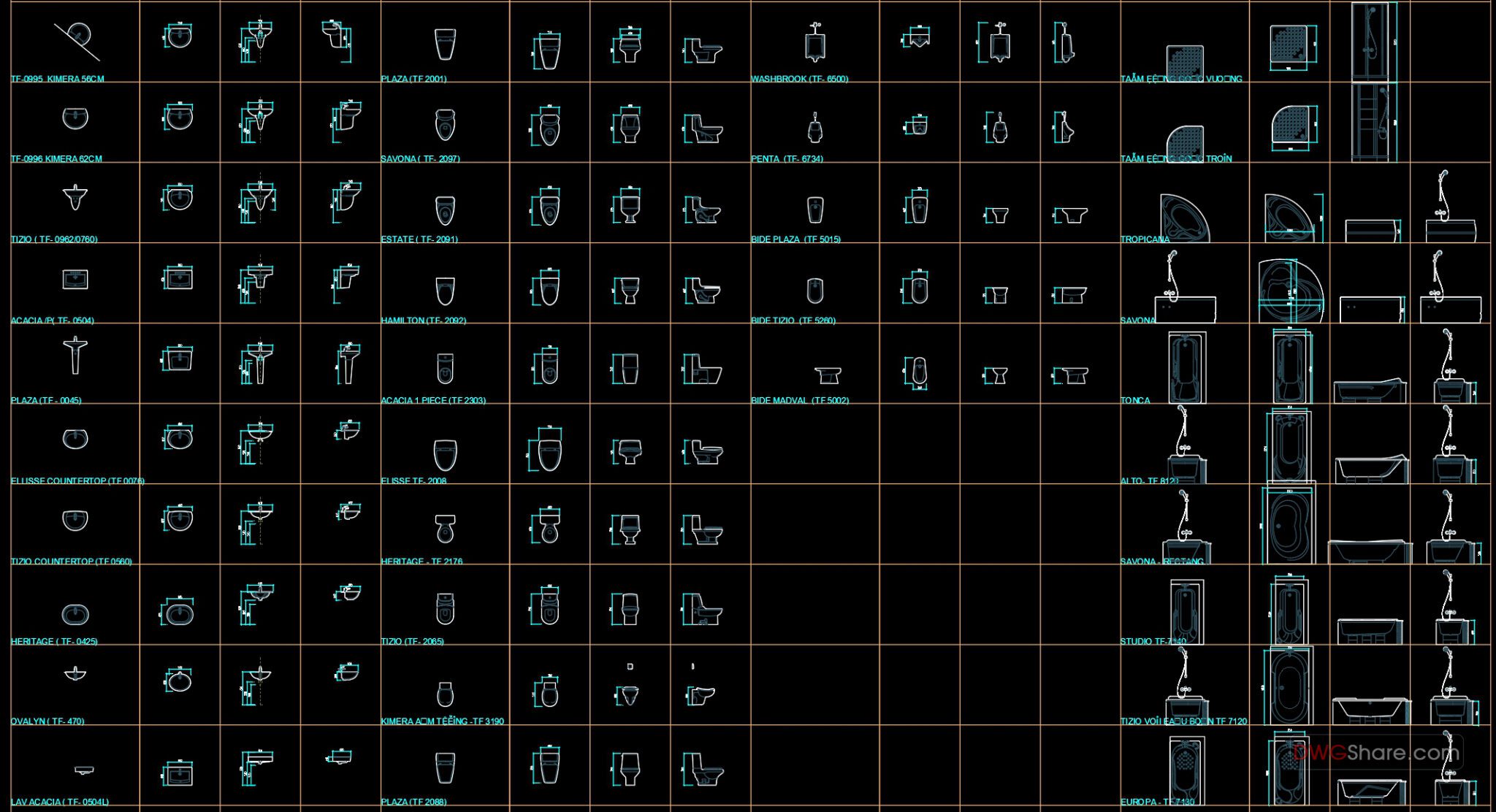 49.Bathtub, Wash basin, Toilet bowls free AutoCAD drawing download