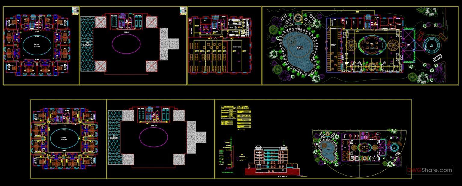 5 Floors 5 stars Hotel Elevations and Layout Plan AutoCAD File DWG