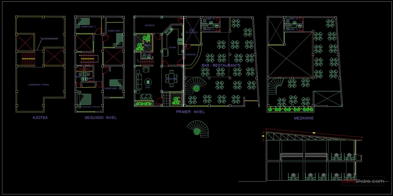 Bar Restaurant Plans and Elevation AutoCAD File DWG