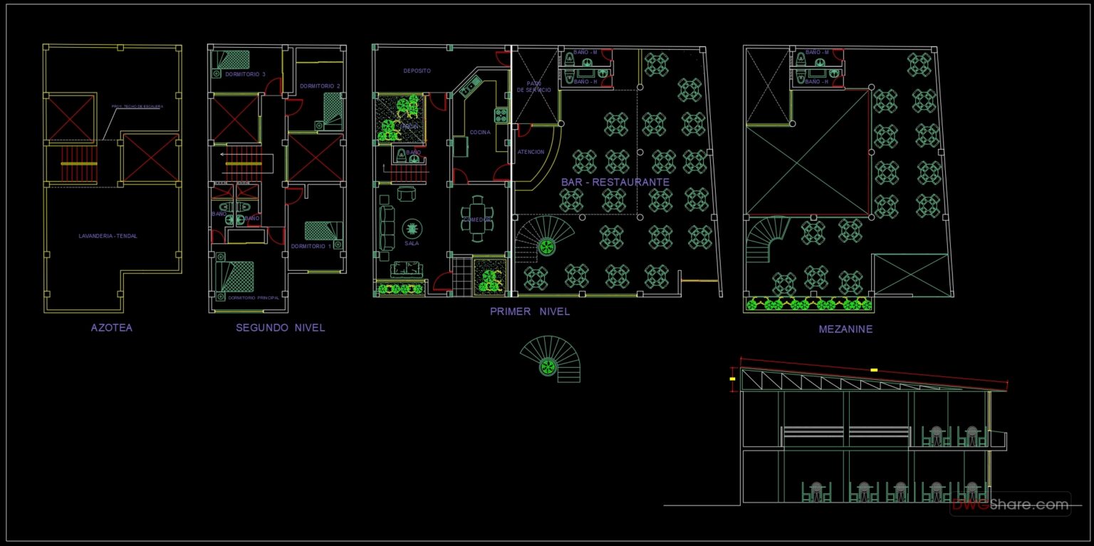 Bar Restaurant Plans and Elevation AutoCAD File DWG