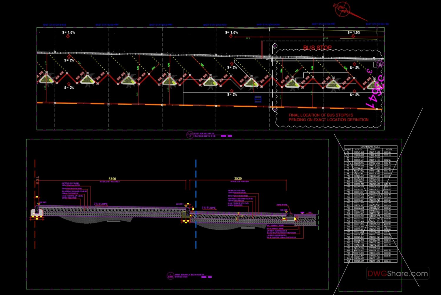 Bus Stop Layout Plan and Cross Section AutoCAD File DWG