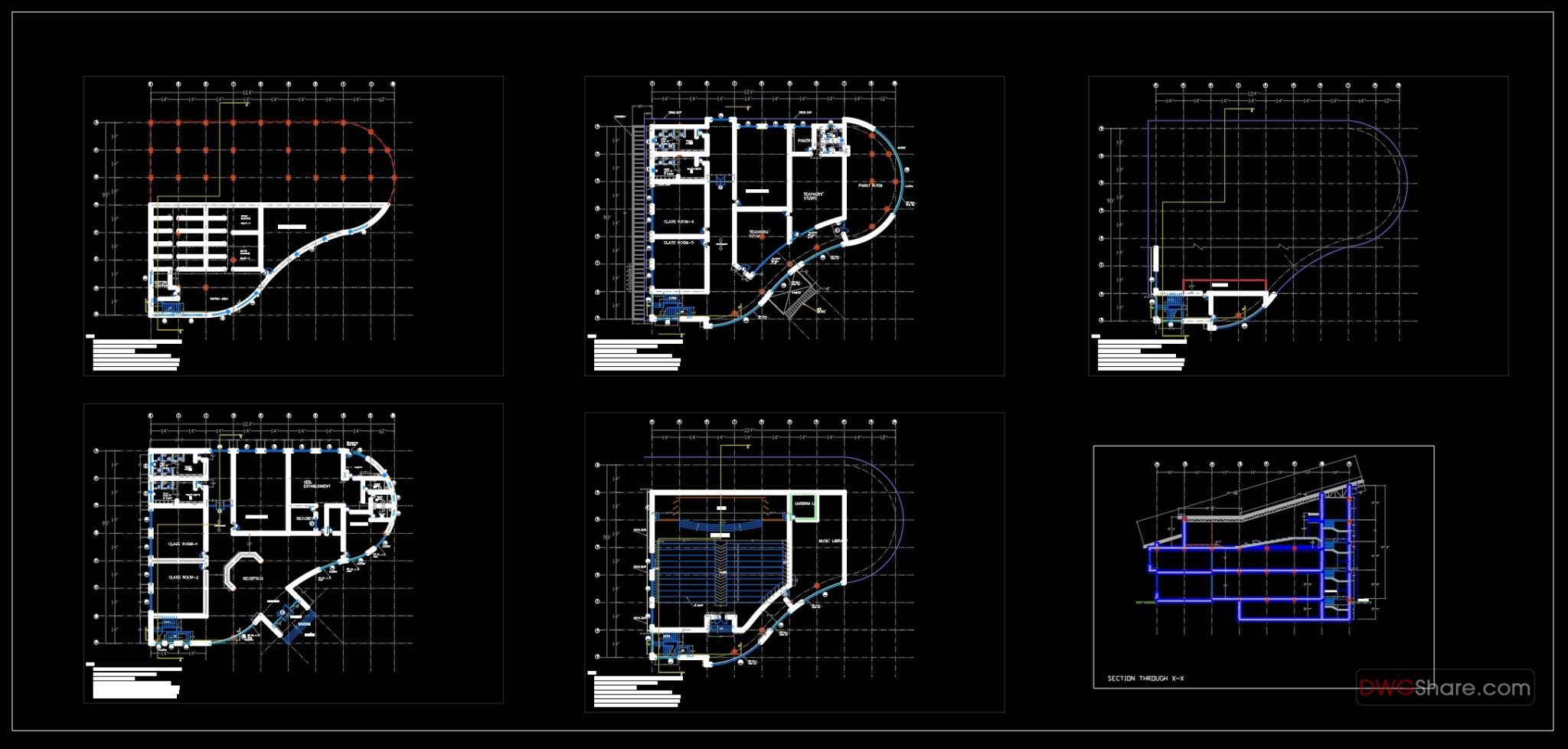 Music School Layout Plan and Elevation AutoCAD File DWG