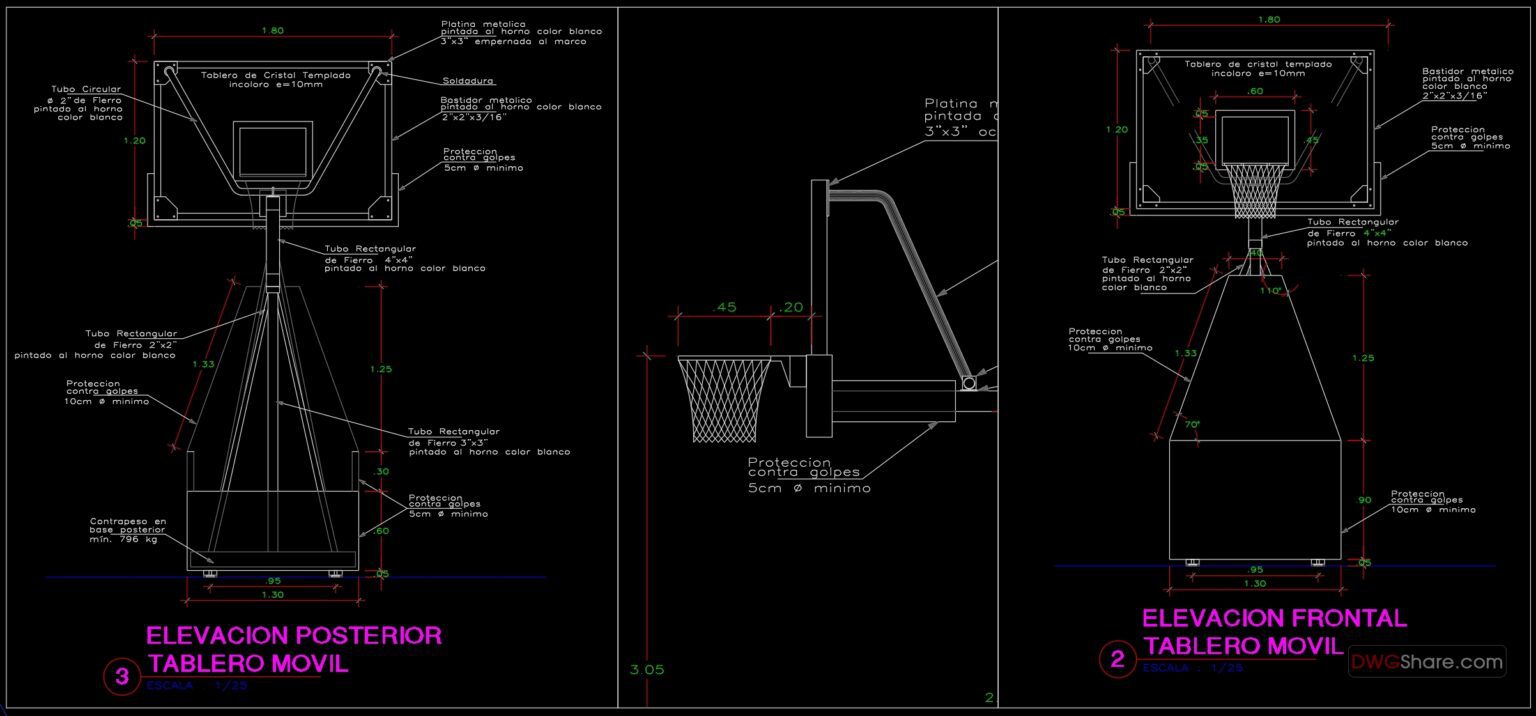 Mobile Basketball Boards Elevation Details AutoCAD File DWG