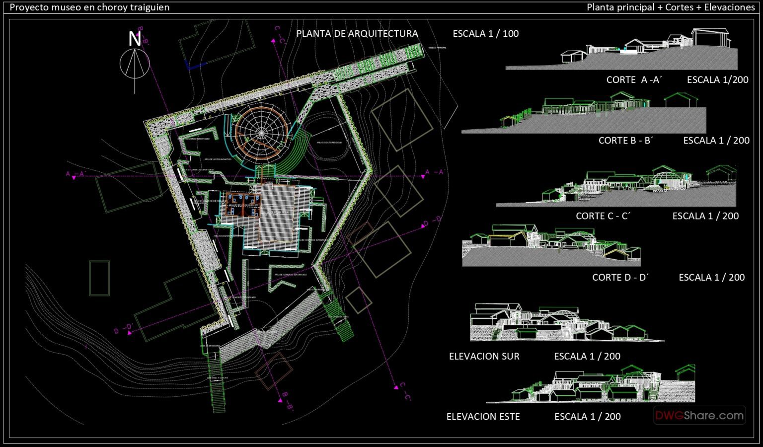 Museum Main Plan, Sections, Elevations AutoCAD File DWG
