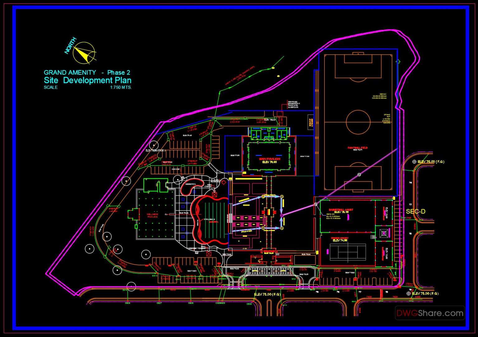 Resort site plan and drainage reflection Free AutoCAD drawings