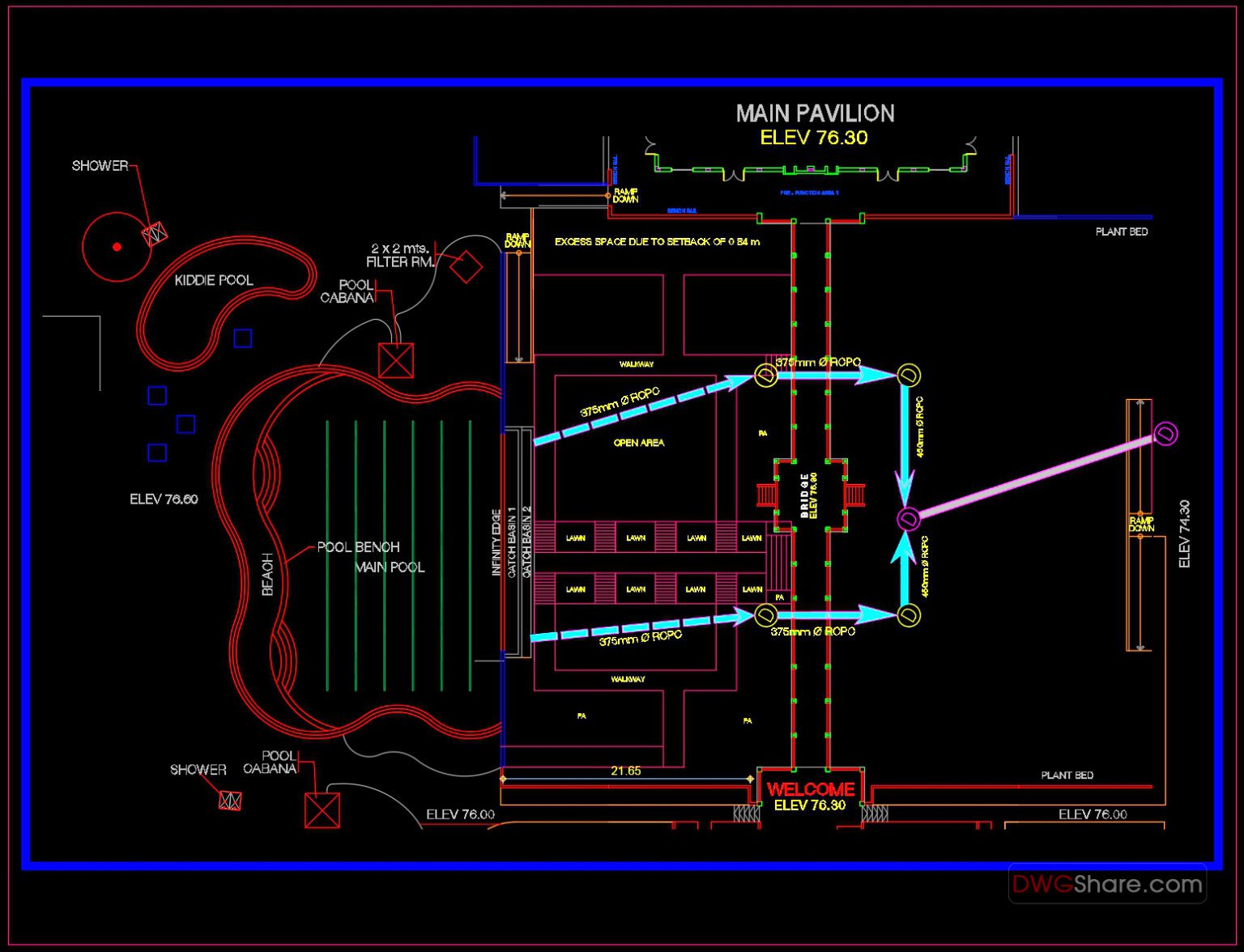 Resort site plan and drainage reflection Free AutoCAD drawings