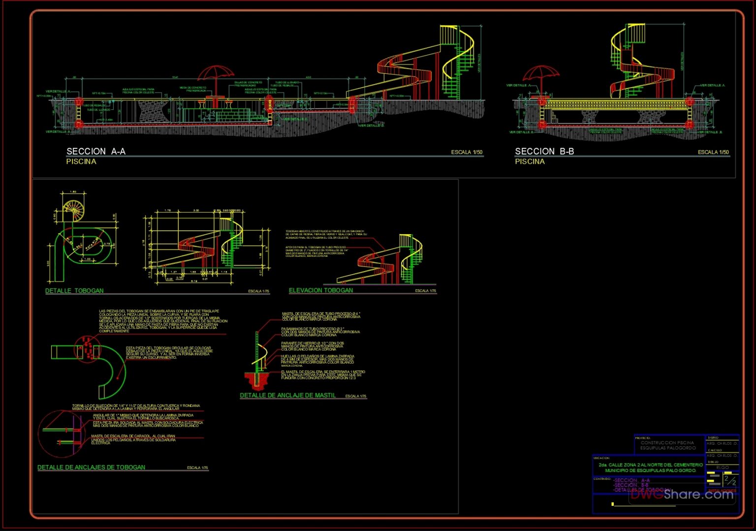 Swimming Pool With Water Slide free Autocad drawings