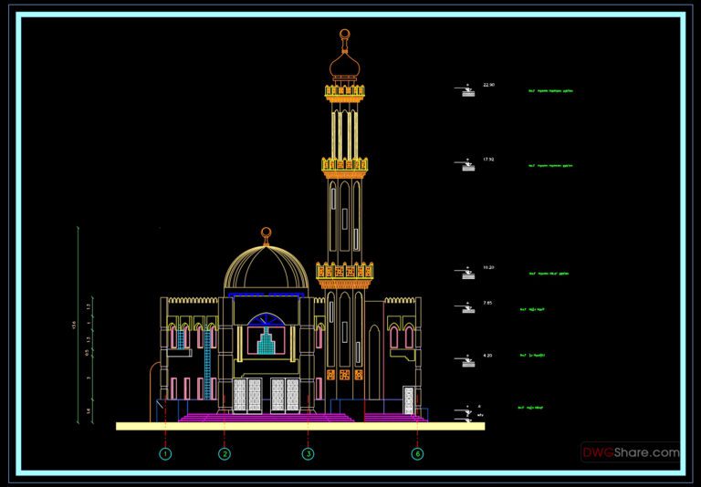 15.Mosque Layout Plan and Elevation Details AutoCAD File Free Download