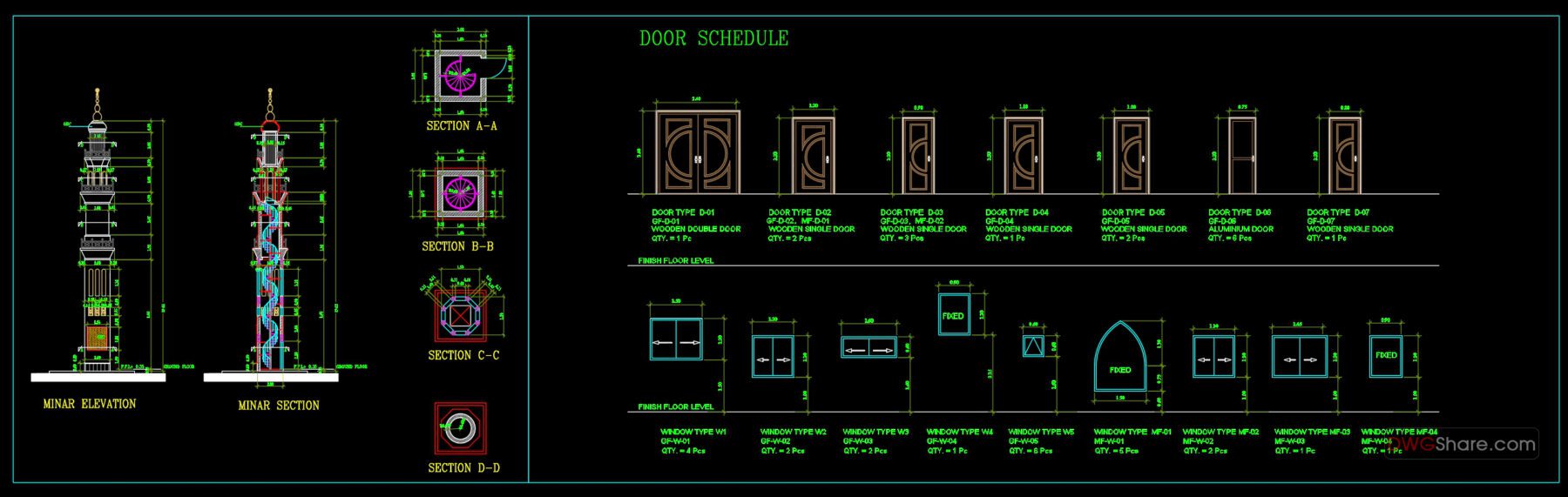 16.Mosque Minaret Elevation and Sections Details AutoCAD File Free Download