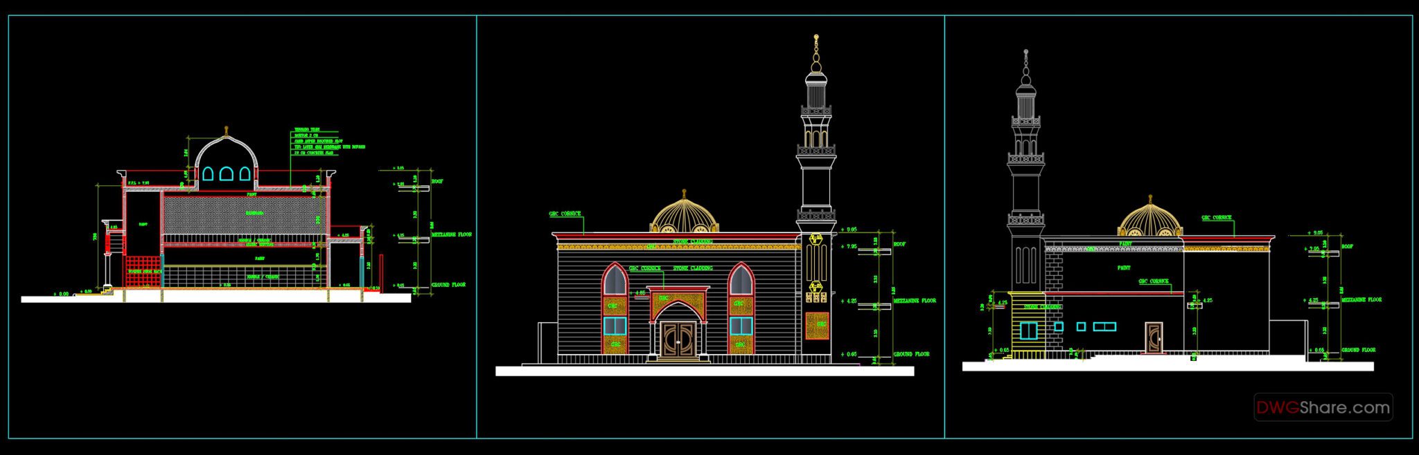 16.Mosque Minaret Elevation and Sections Details AutoCAD File Free Download