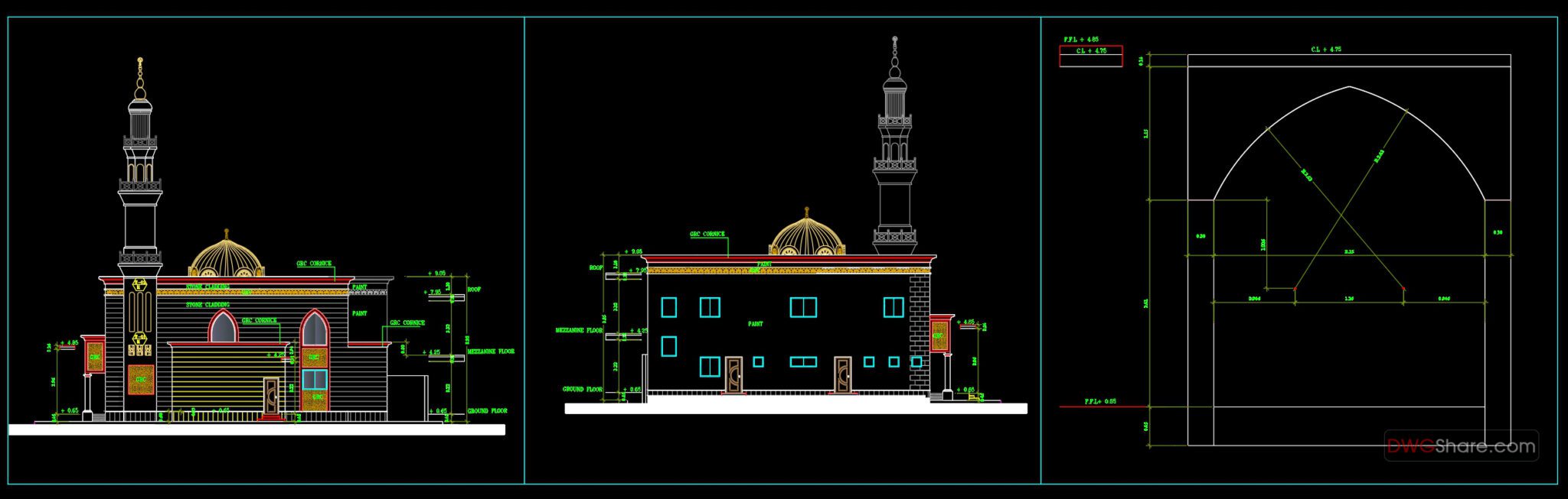 16.Mosque Minaret Elevation and Sections Details AutoCAD File Free Download