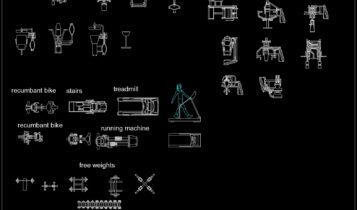 AutoCAD drawings of sports equipment and gym room layouts