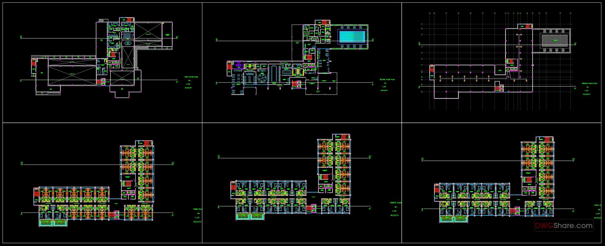 7 Floors 5 stars Hotel Elevations and Layout Plan AutoCAD File DWG