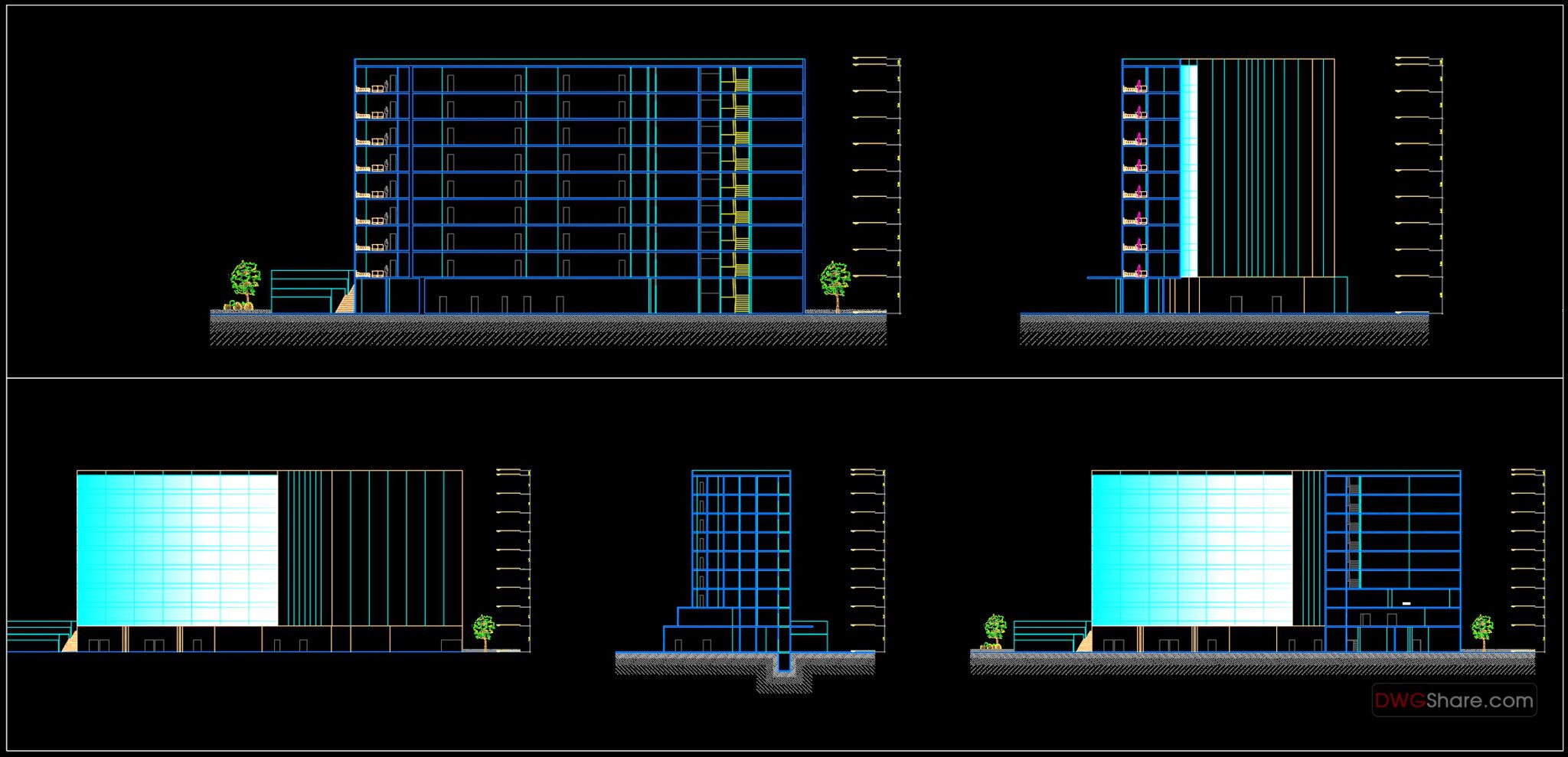 9 Floors 5 Stars Hotel Elevations And Layout Plan AutoCAD File DWG
