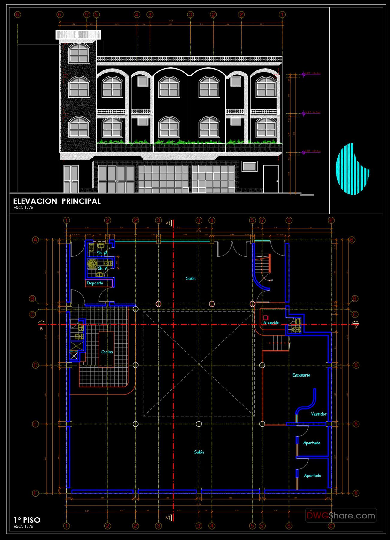 Colonial Hotel Layout Plan and Elevations AutoCAD File DWG