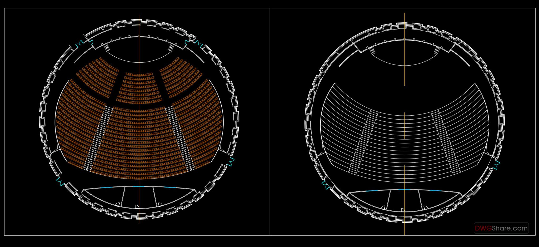 Concert Hall Plan, Elevation free AutoCAD drawings