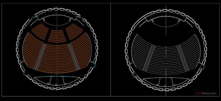 Concert Hall Plan, Elevation free AutoCAD drawings