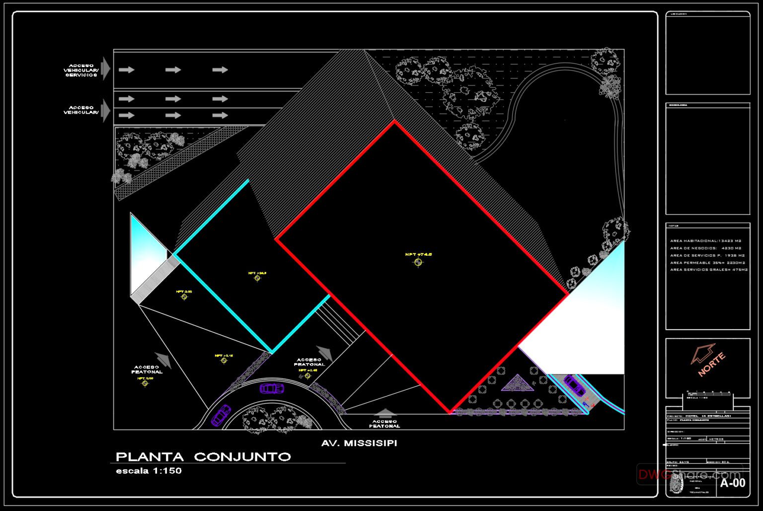 High Rise Four Stars Hotel Plans and Elevation AutoCAD File DWG