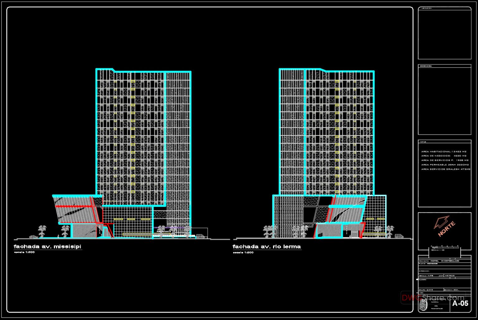 High Rise Four Stars Hotel Plans and Elevation AutoCAD File DWG