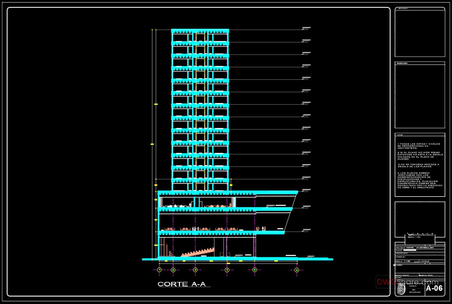 High Rise Four Stars Hotel Plans and Elevation AutoCAD File DWG