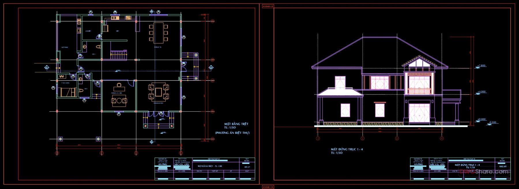Villa Tulip Layout Plan and Elevation AutoCAD File Free Download