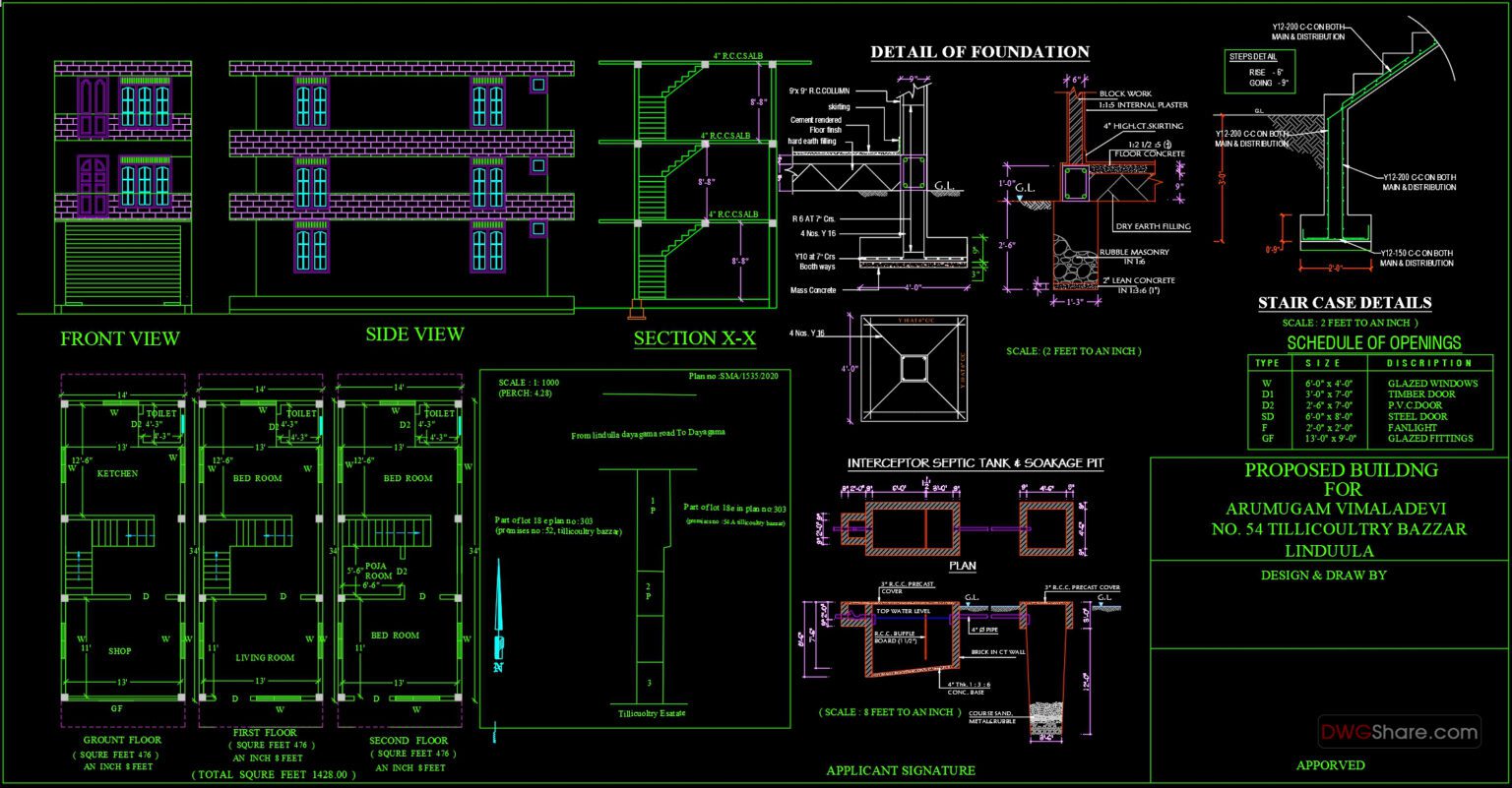 3 Levels House 14x34ft AutoCAD File Free Download