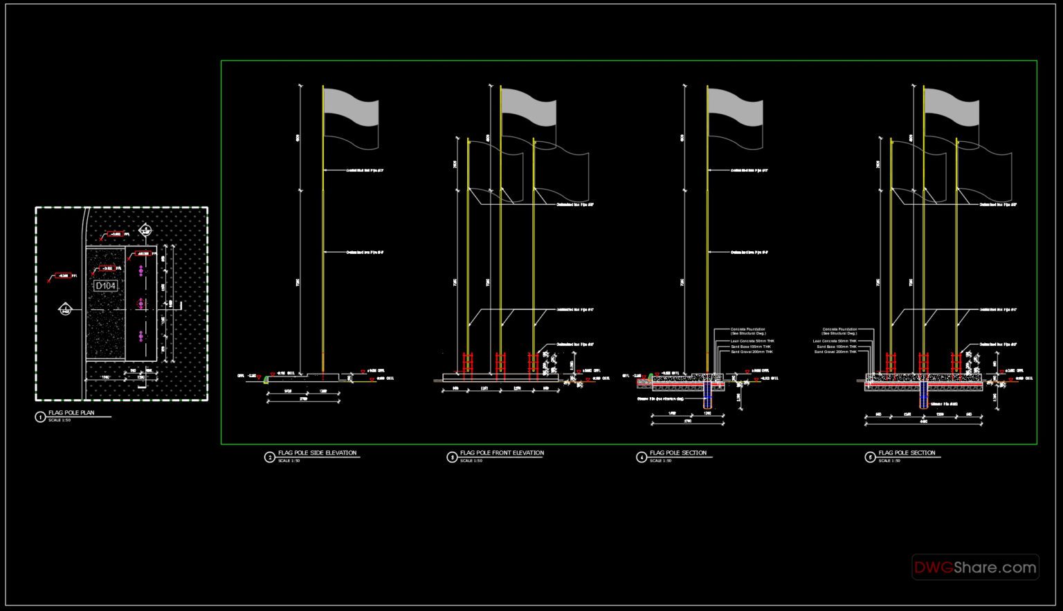 78.Flag Pole Elevation and Sections Details Autocad file
