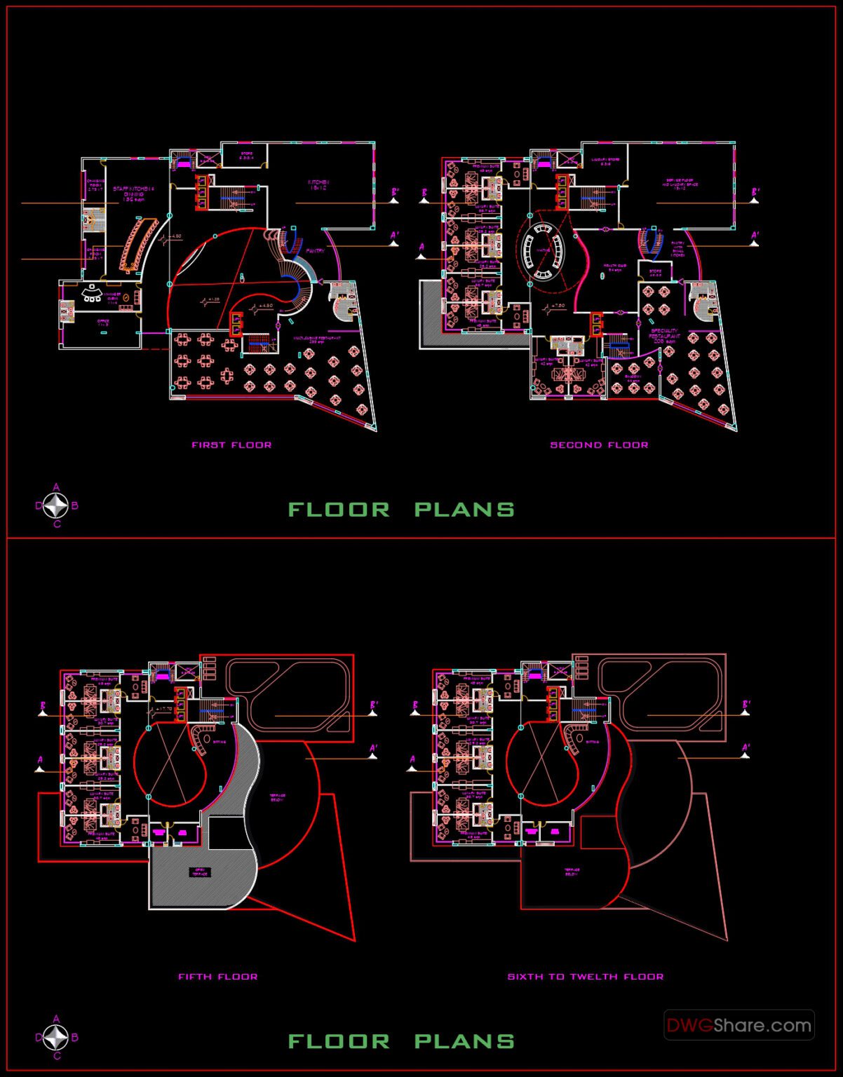 Floors plans details for 5 star hotel 2d and 3d AutoCAD File DWG