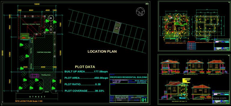 Residential Building Plan Elevation and Sections Details AutoCAD File DWG