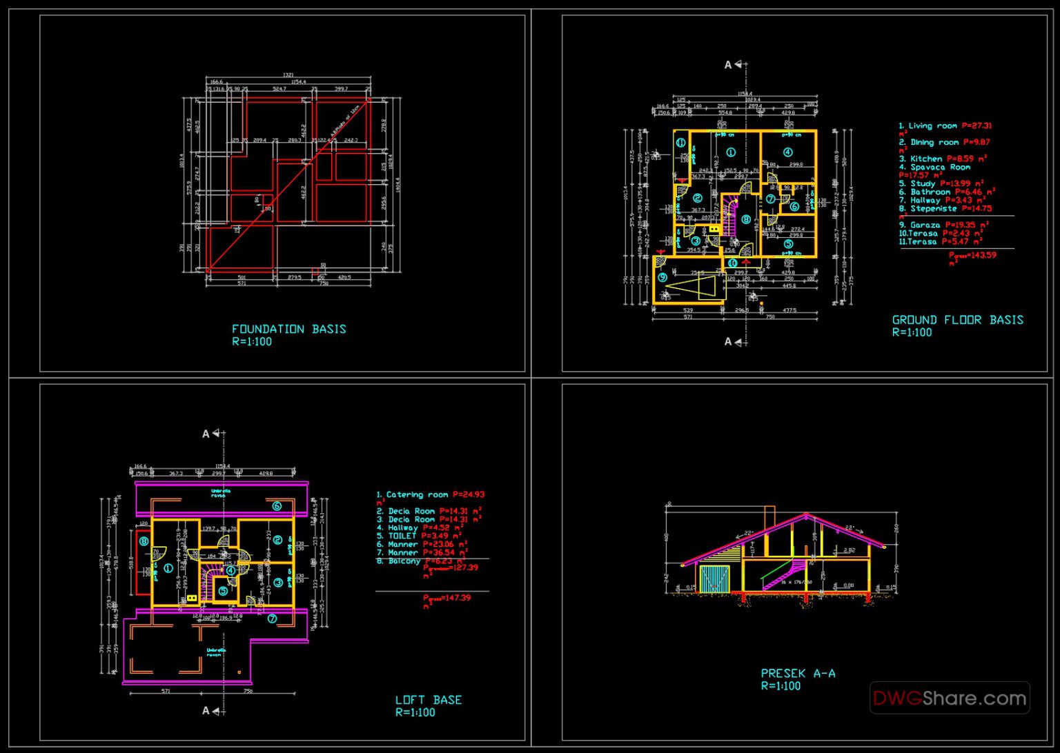 Wooden House 143 msq AutoCAD File Free Download