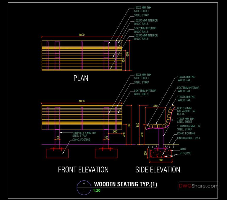 58.Wooden Seating Typical Section Detail CAD