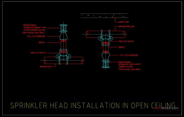59.Sprinkler Head Installation In Open Ceiling Detail Autocad Drawing DWG