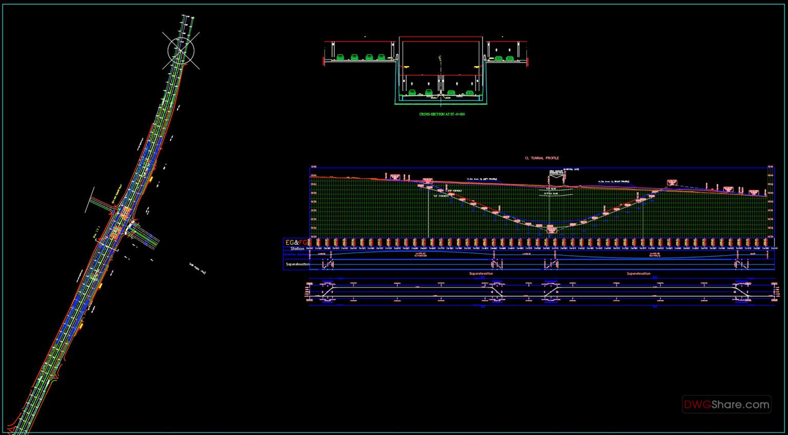 60.Cad File of Tunnel Plan profile and Cross Section For Free Download