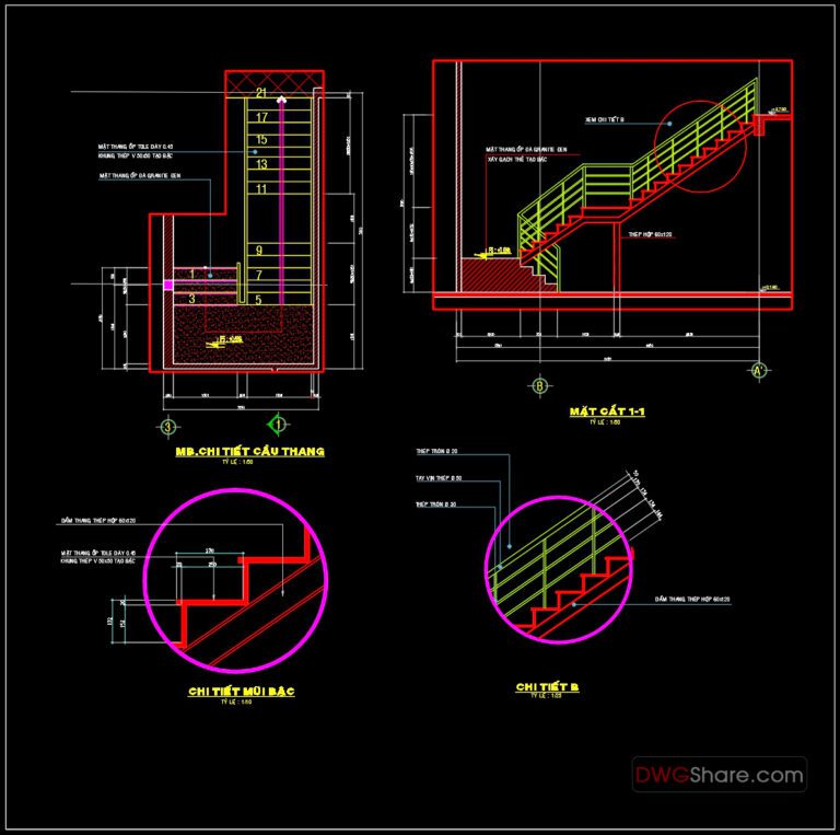 62.Detailed drawings of stairs in autocad file